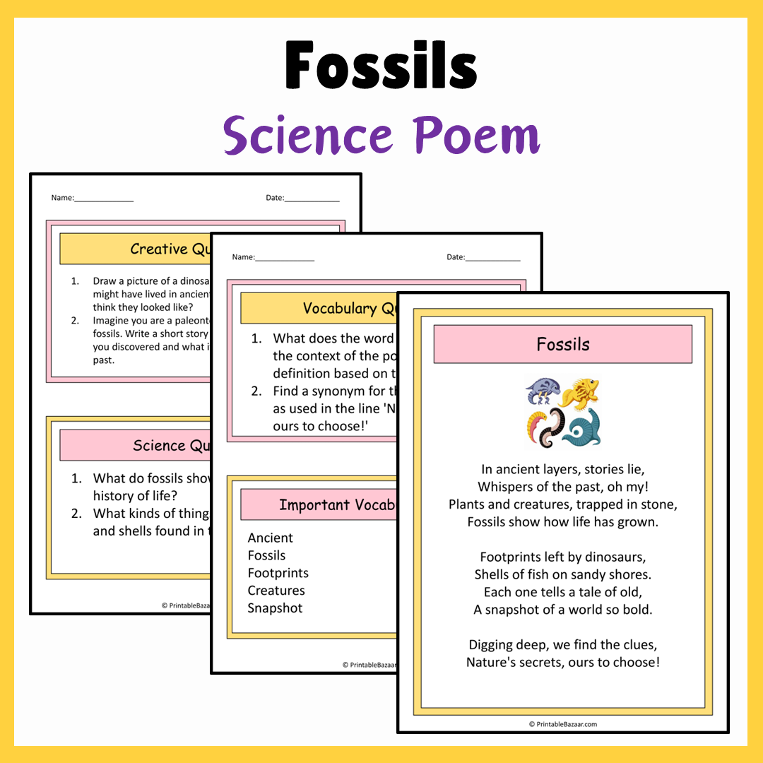 Fossils | Science Poem Reading Comprehension Activity – PrintableBazaar