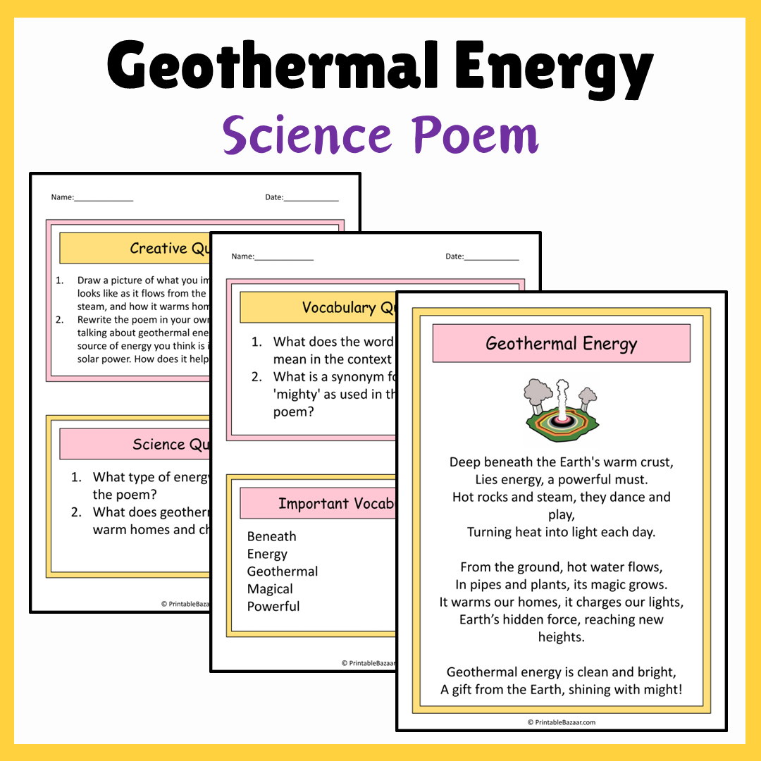 Geothermal Energy | Science Poem Reading Comprehension Activity ...