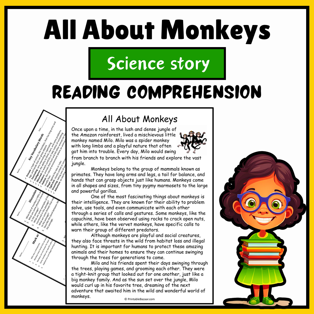 All About Monkeys | Science Story Reading Comprehension Activity ...