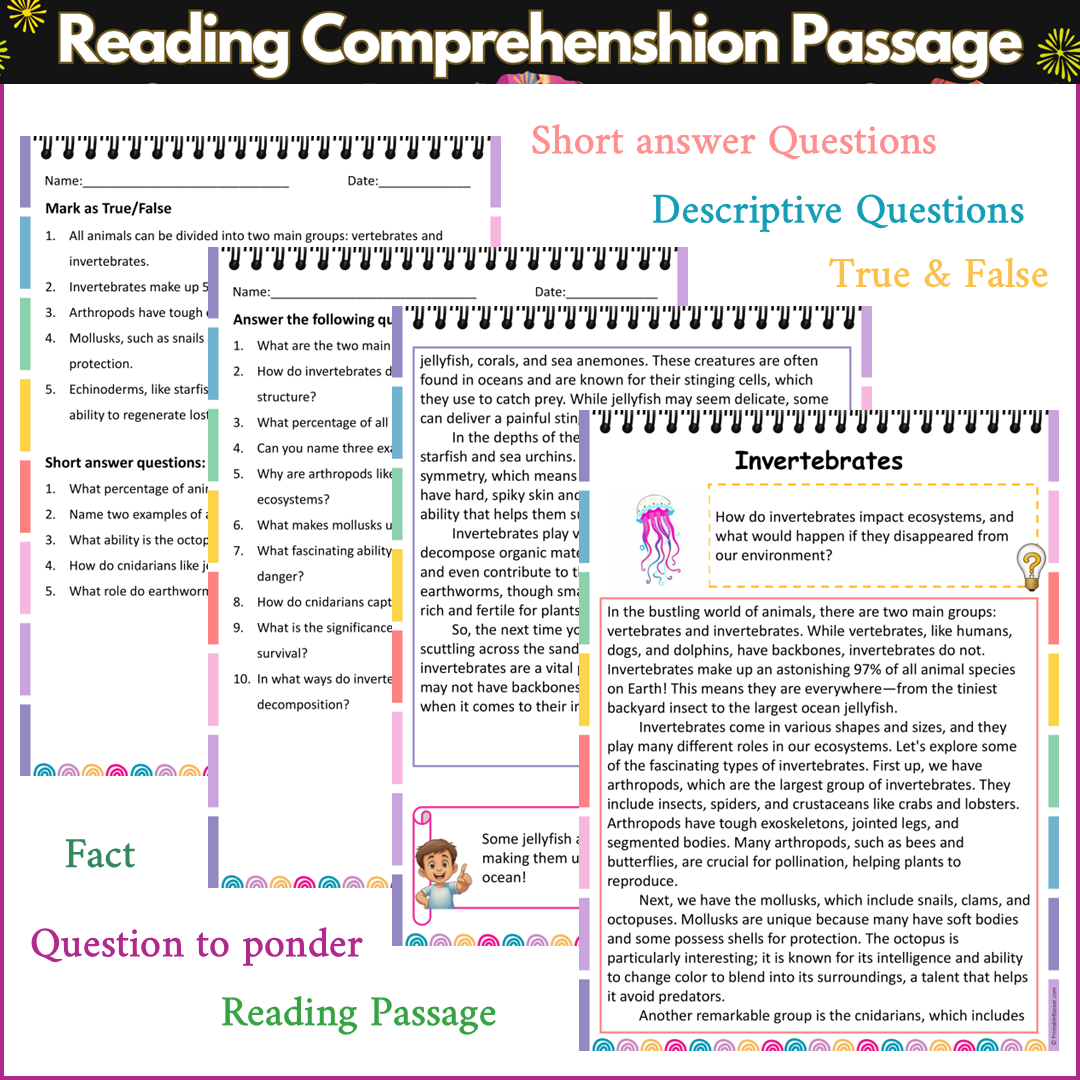 Invertebrates | Reading Comprehension Passage and Questions ...