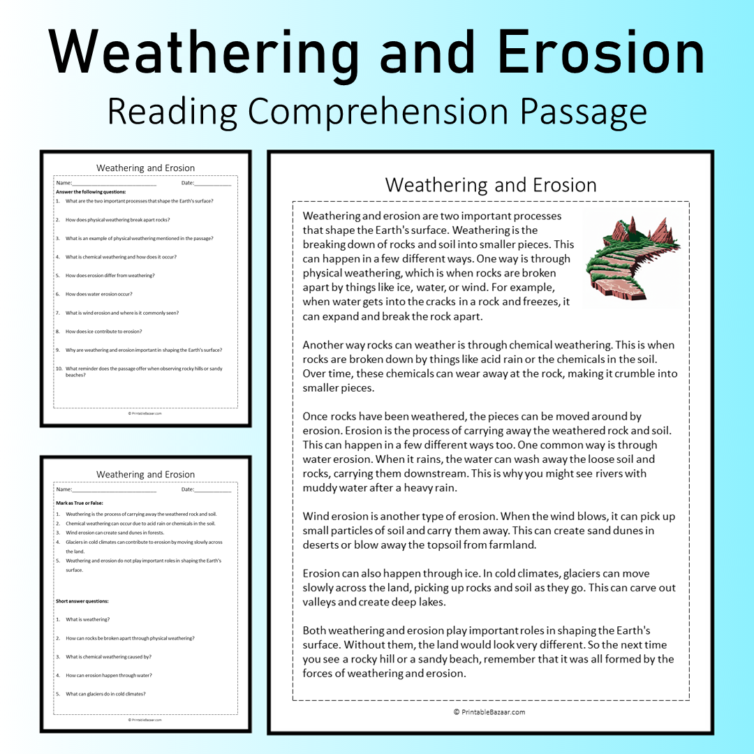 Weathering and Erosion | Reading Comprehension Passage Printable Works ...