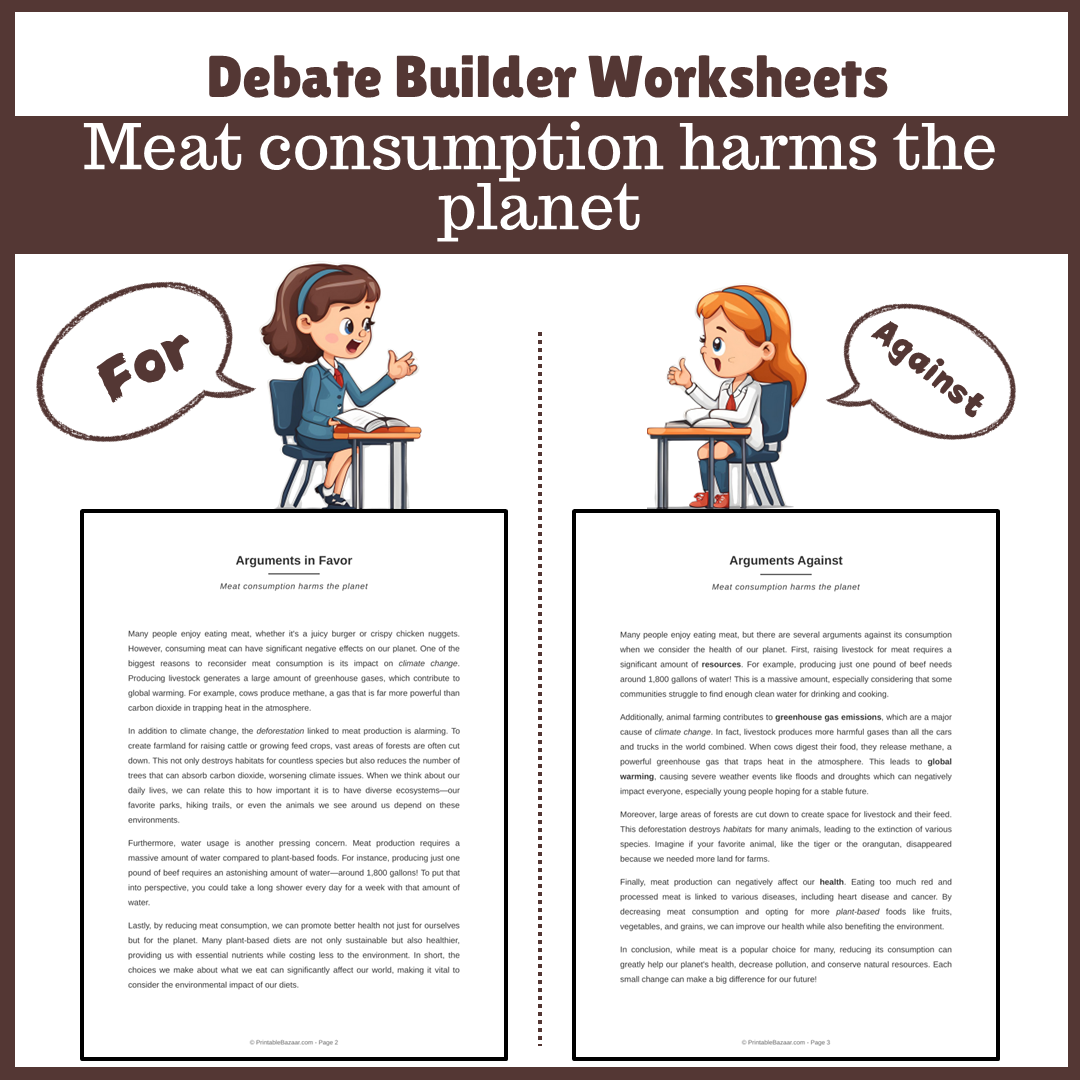 Meat consumption harms the planet | Favour and Against Worksheet Print – PrintableBazaar