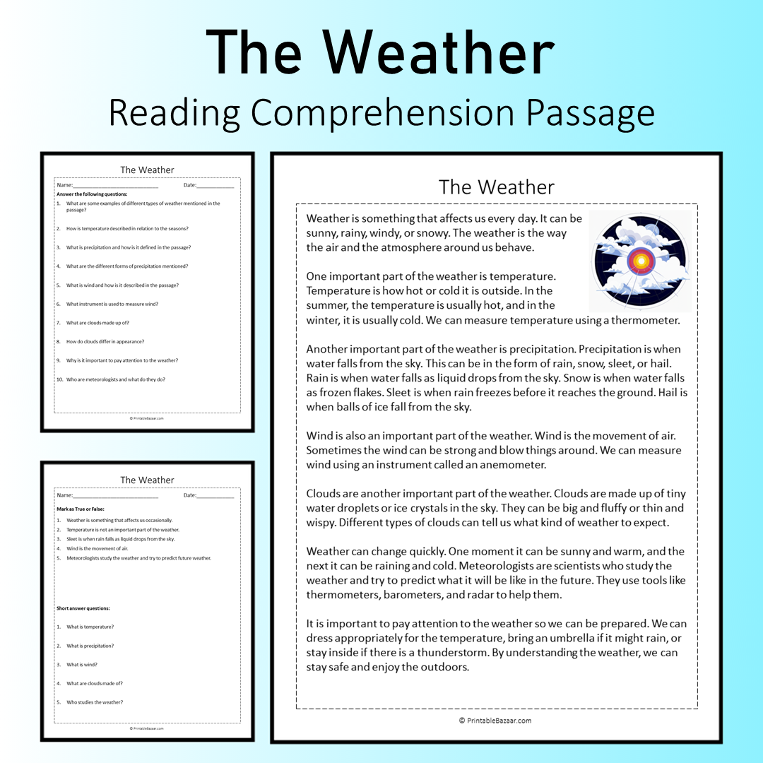 The Weather | Reading Comprehension Passage Printable Worksheet ...