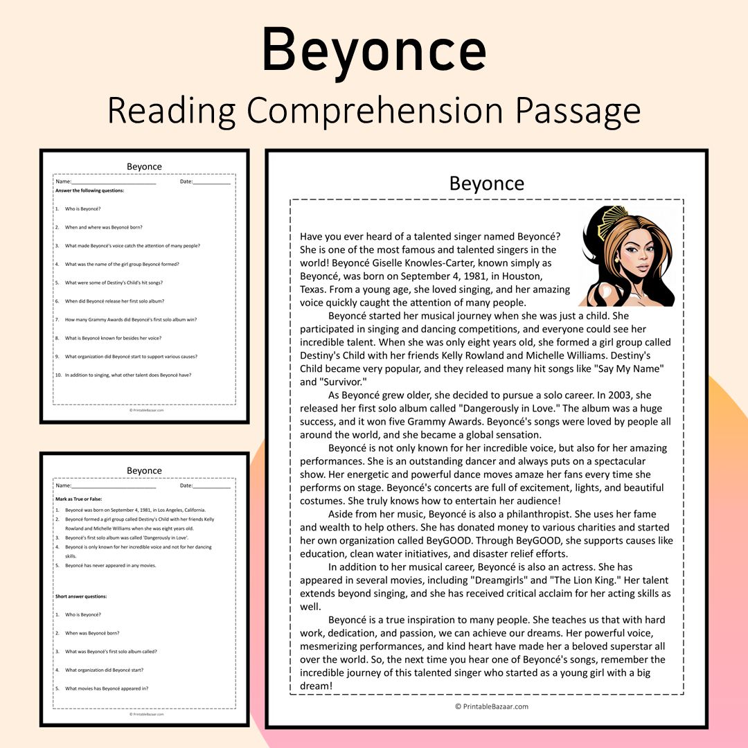 Beyonce | Reading Comprehension Passage Printable Activity ...