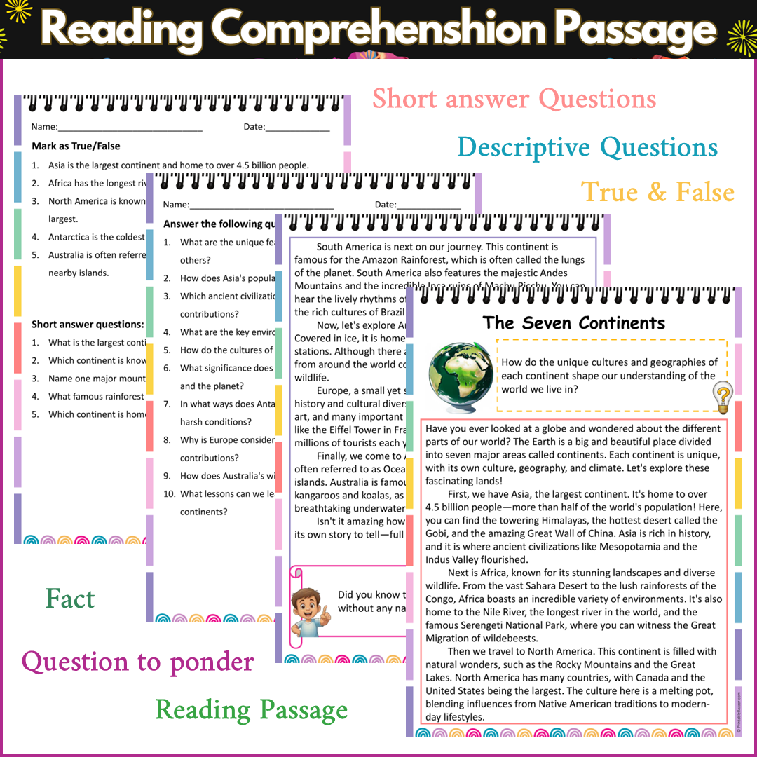 The Seven Continents | Reading Comprehension Passage and Questions ...
