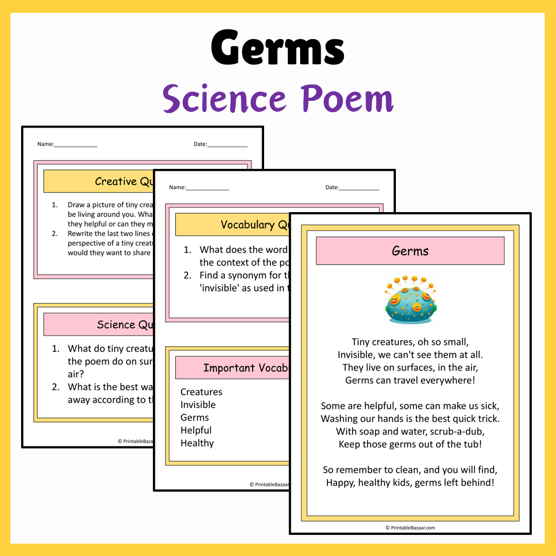 Germs | Science Poem Reading Comprehension Activity – PrintableBazaar