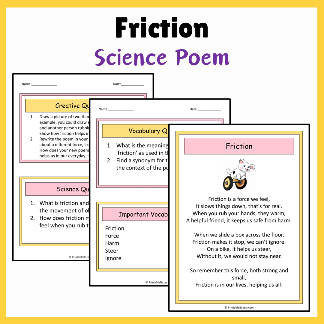 Friction | Science Poem Reading Comprehension Activity – PrintableBazaar