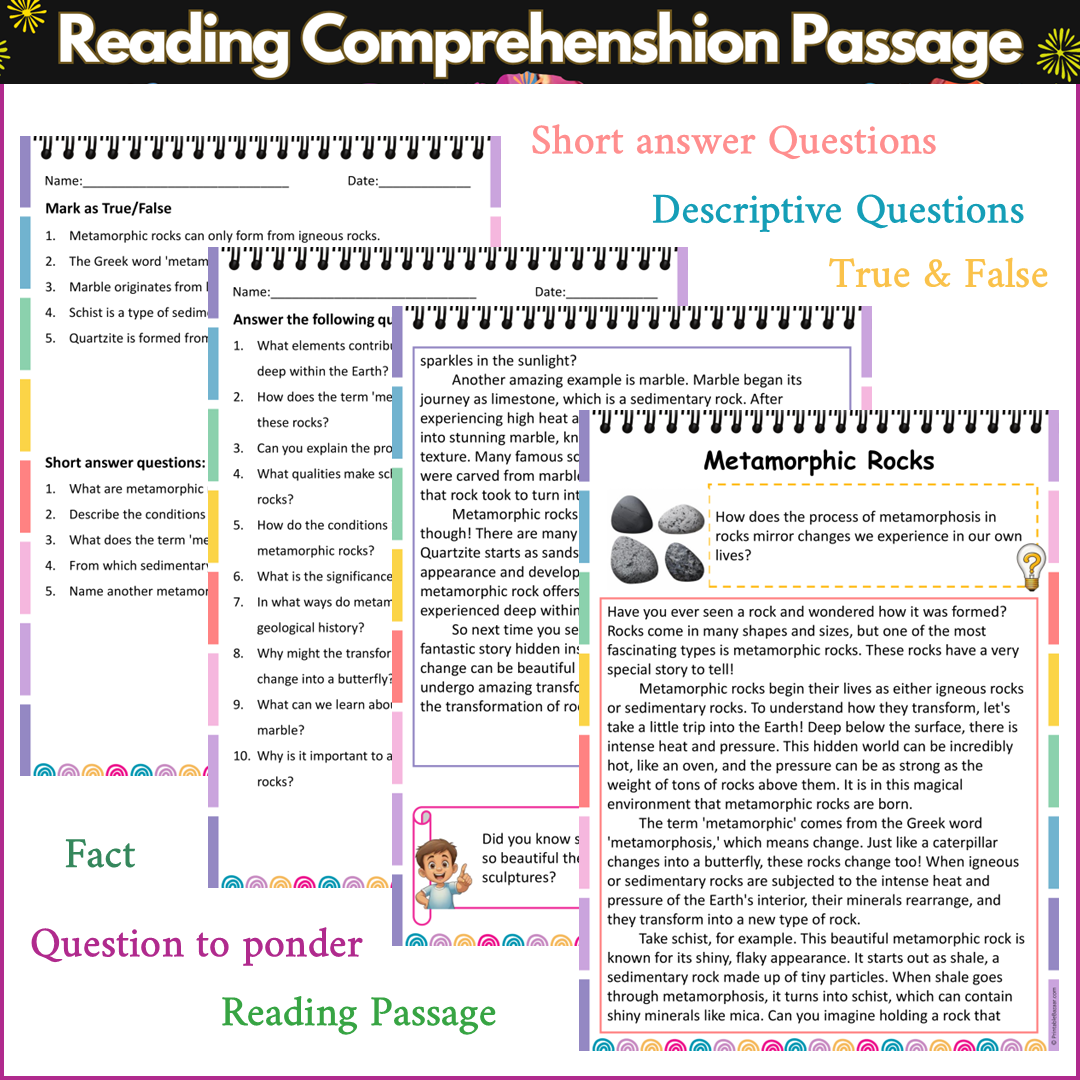 Metamorphic Rocks | Reading Comprehension Passage and Questions ...