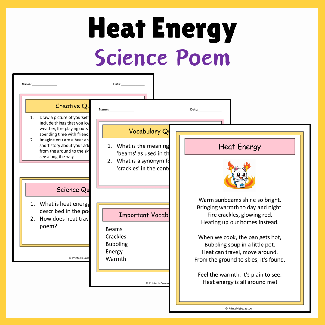 Heat Energy | Science Poem Reading Comprehension Activity – PrintableBazaar