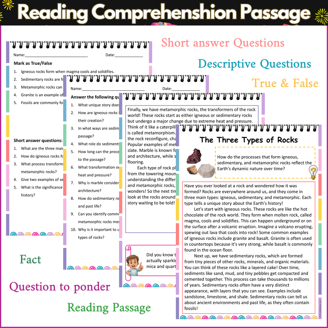 The Three Types of Rocks | Reading Comprehension Passage and Questions ...