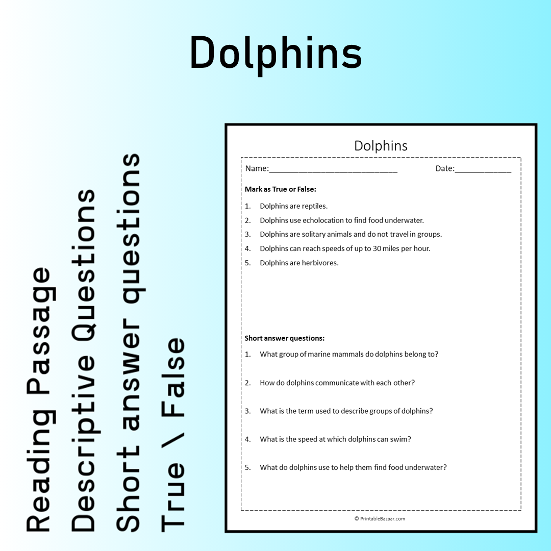 Dolphins | Reading Comprehension Passage Printable Worksheet ... Dolphins | Reading Comprehension Passage Printable Worksheet ...