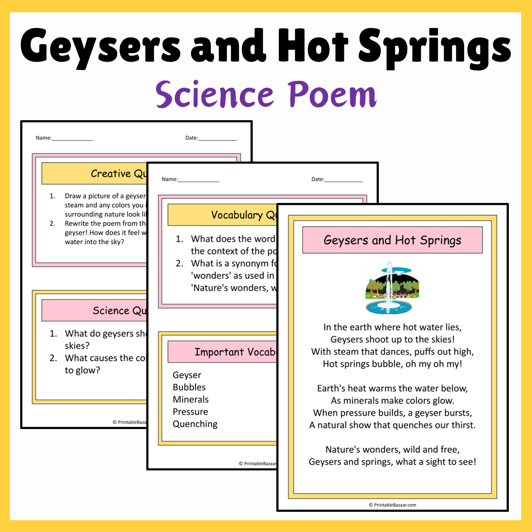 Geysers and Hot Springs | Science Poem Reading Comprehension Activity ...