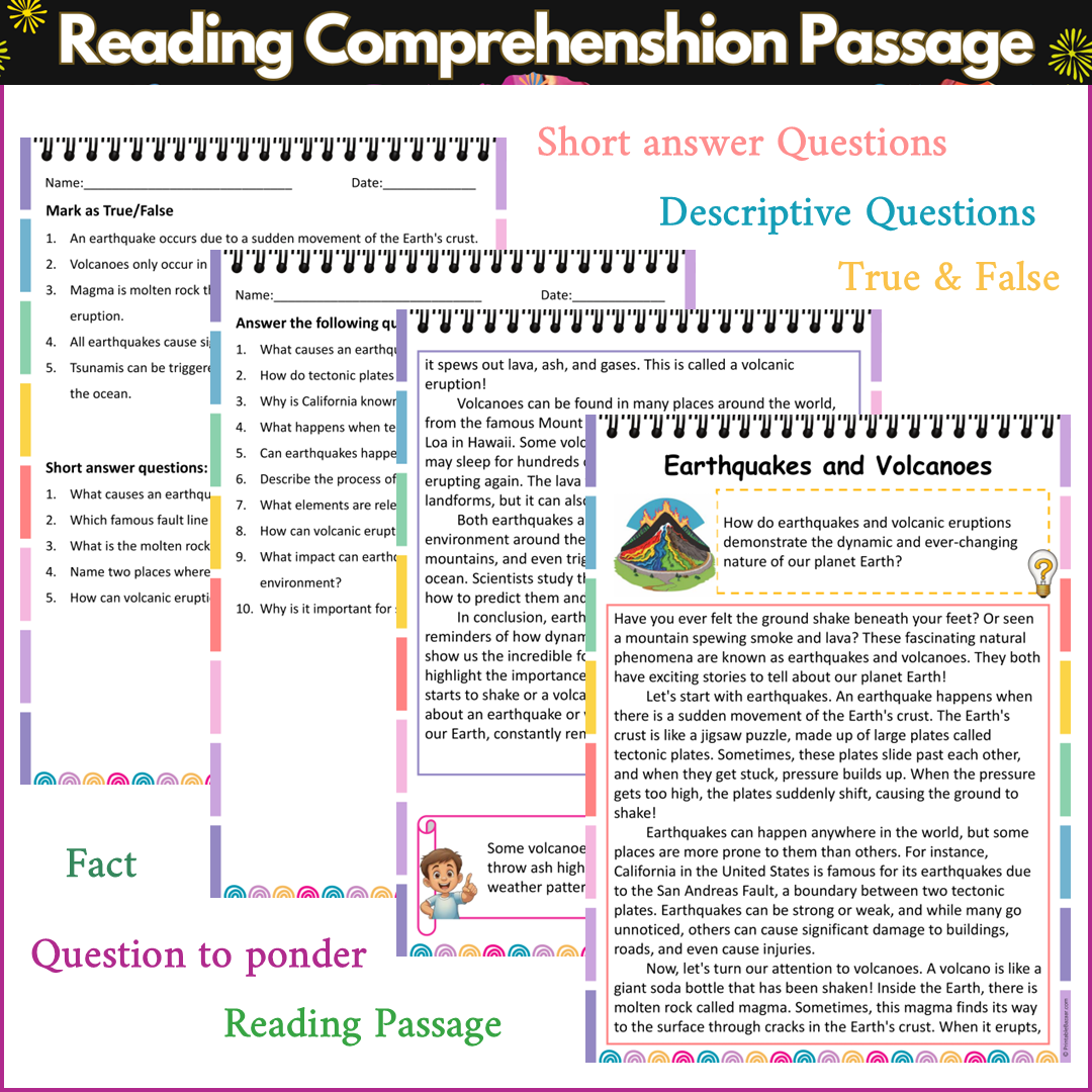 Earthquakes and Volcanoes | Reading Comprehension Passage and Question ...
