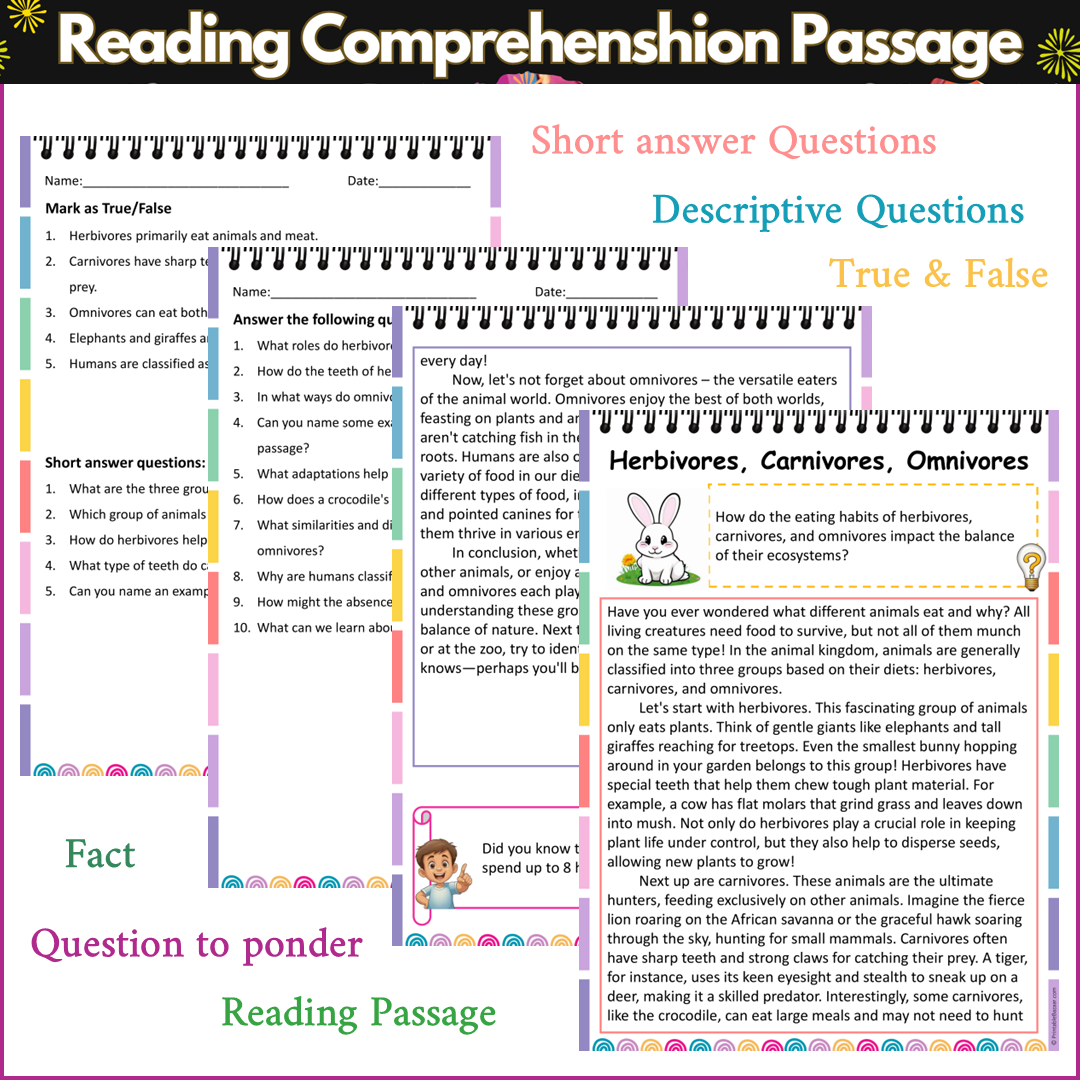 Herbivores, Carnivores, Omnivores | Reading Comprehension Passage and ...