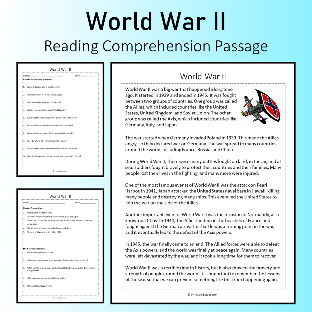 World War II | Reading Comprehension Passage Printable Worksheet ...