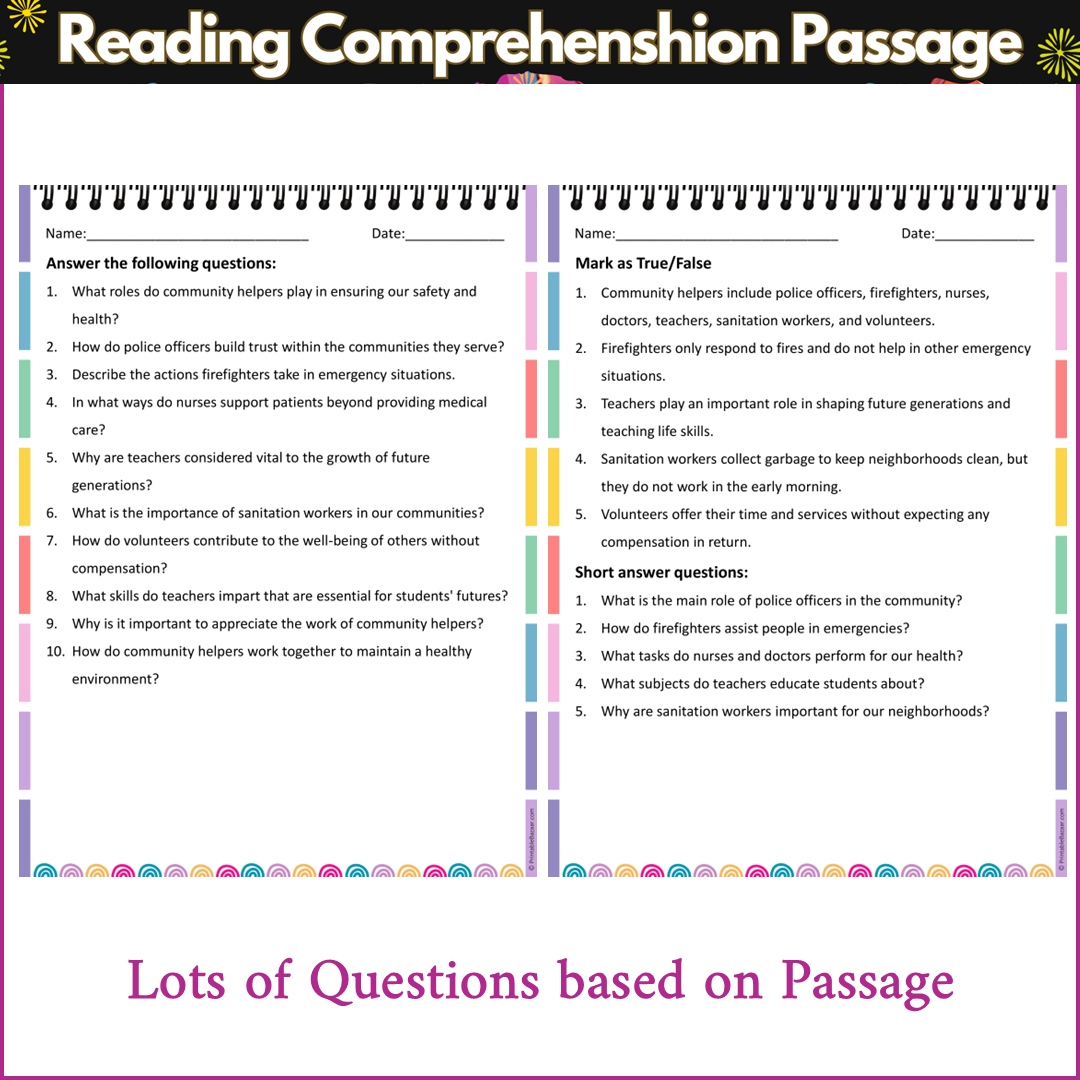 Community Helpers | Reading Comprehension Passage and Questions ...