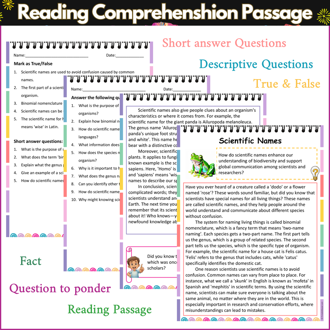 Scientific Names | Reading Comprehension Passage and Questions ...