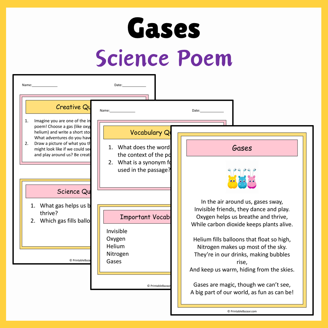Gases | Science Poem Reading Comprehension Activity – PrintableBazaar