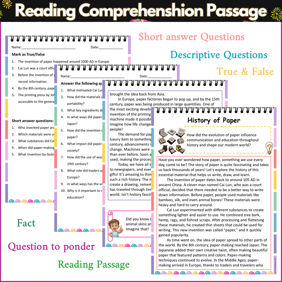 History of Paper | Reading Comprehension Passage and Questions ...