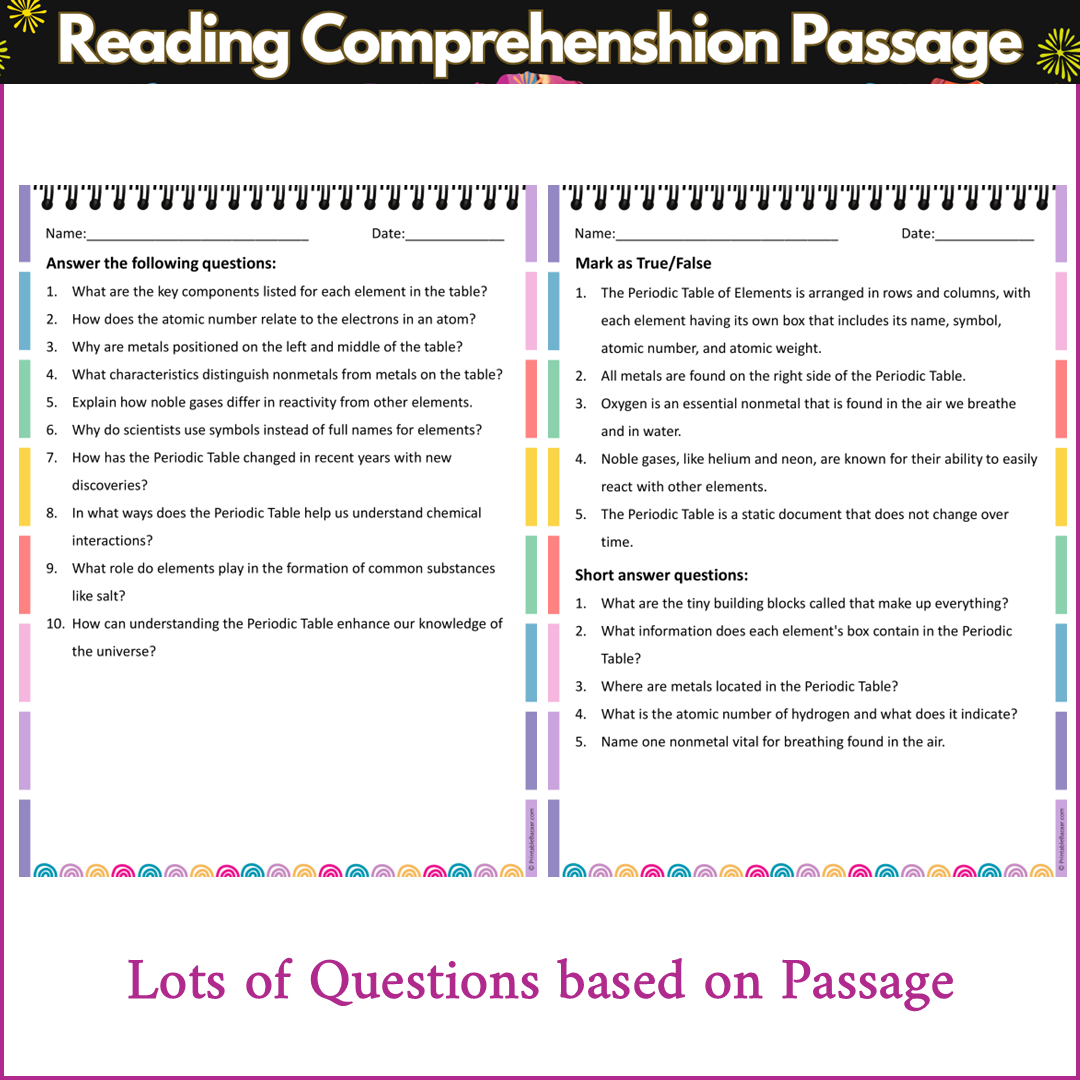 Periodic Table of Elements | Reading Comprehension Passage and Questio ...
