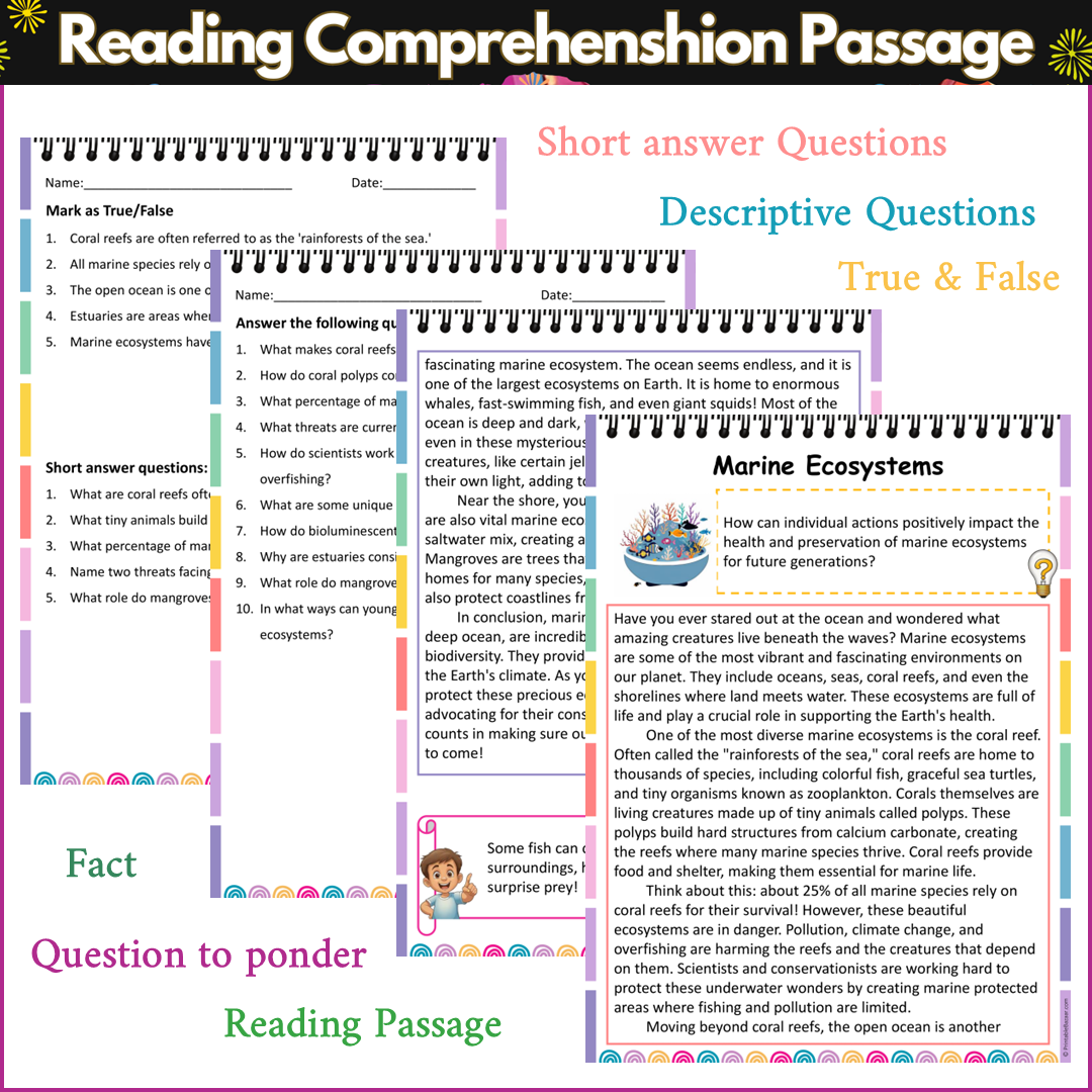 Marine Ecosystems | Reading Comprehension Passage and Questions ...