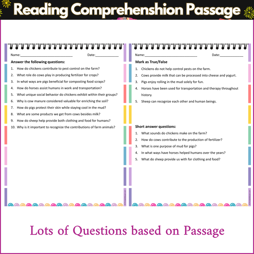 Farm Animals | Reading Comprehension Passage and Questions ...
