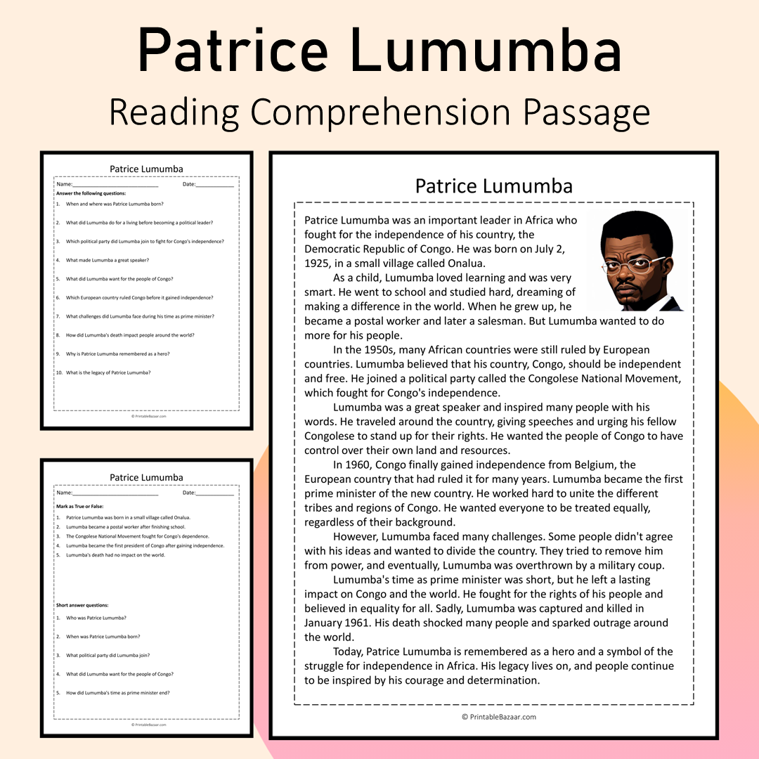 Patrice Lumumba | Reading Comprehension Passage Printable Activity ...