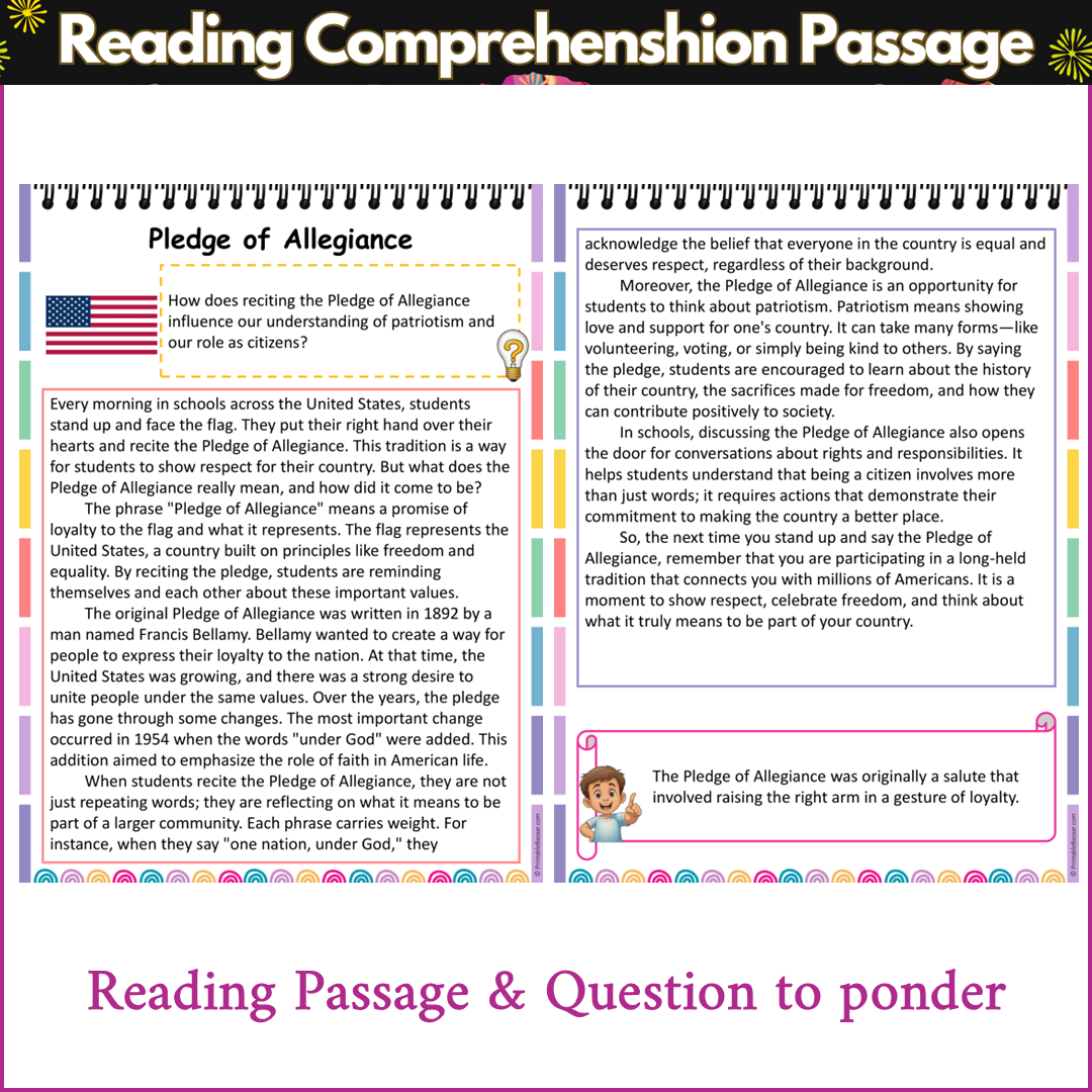 Pledge of Allegiance | Reading Comprehension Passage and Questions ...