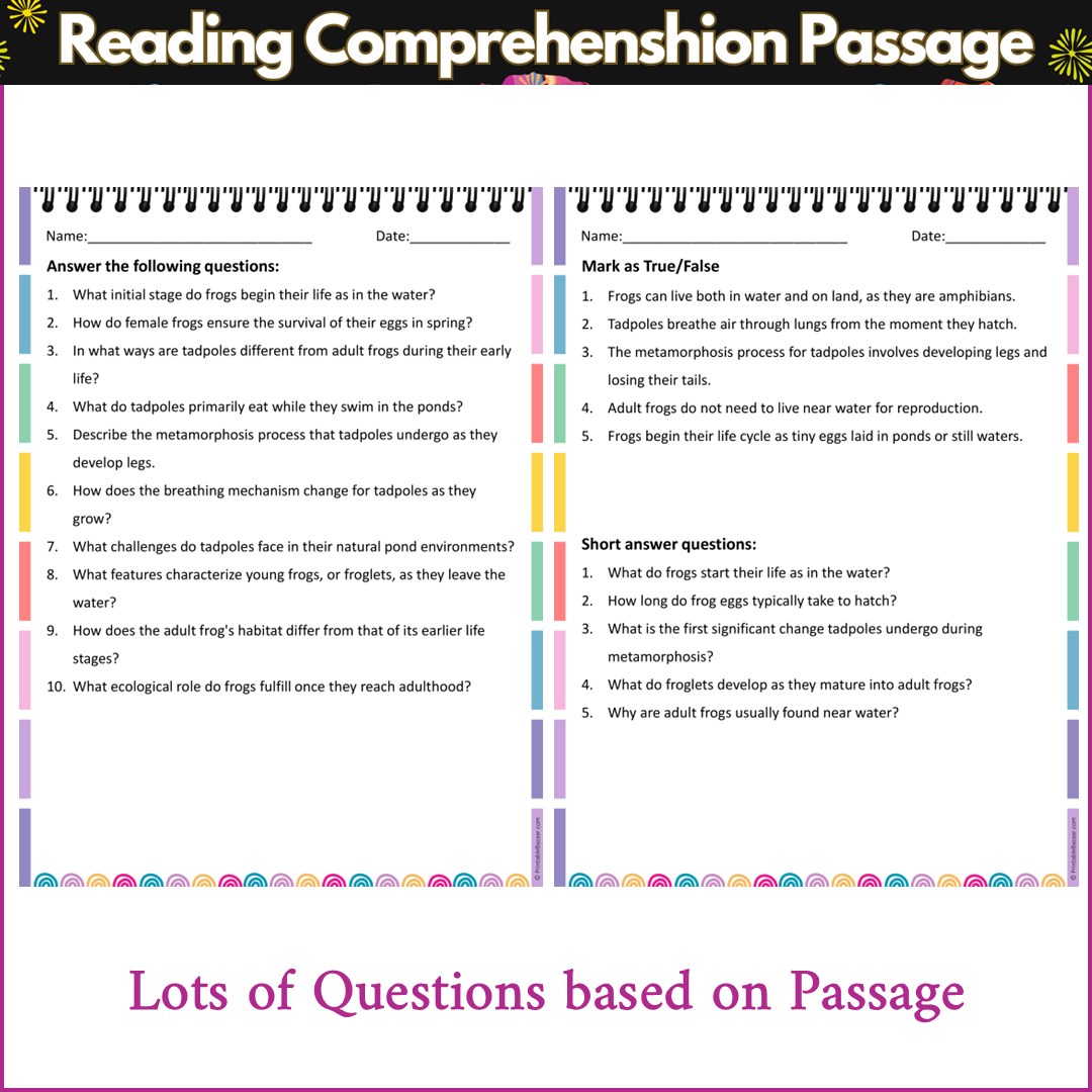 Life Cycle of Frogs | Reading Comprehension Passage and Questions ...