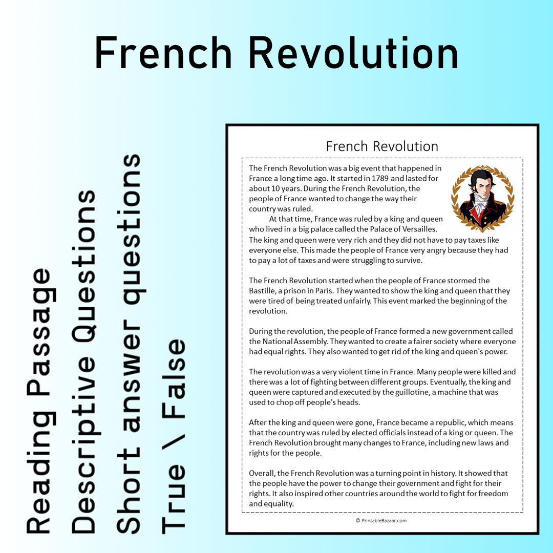 French Revolution | Reading Comprehension Passage Printable Worksheet ...