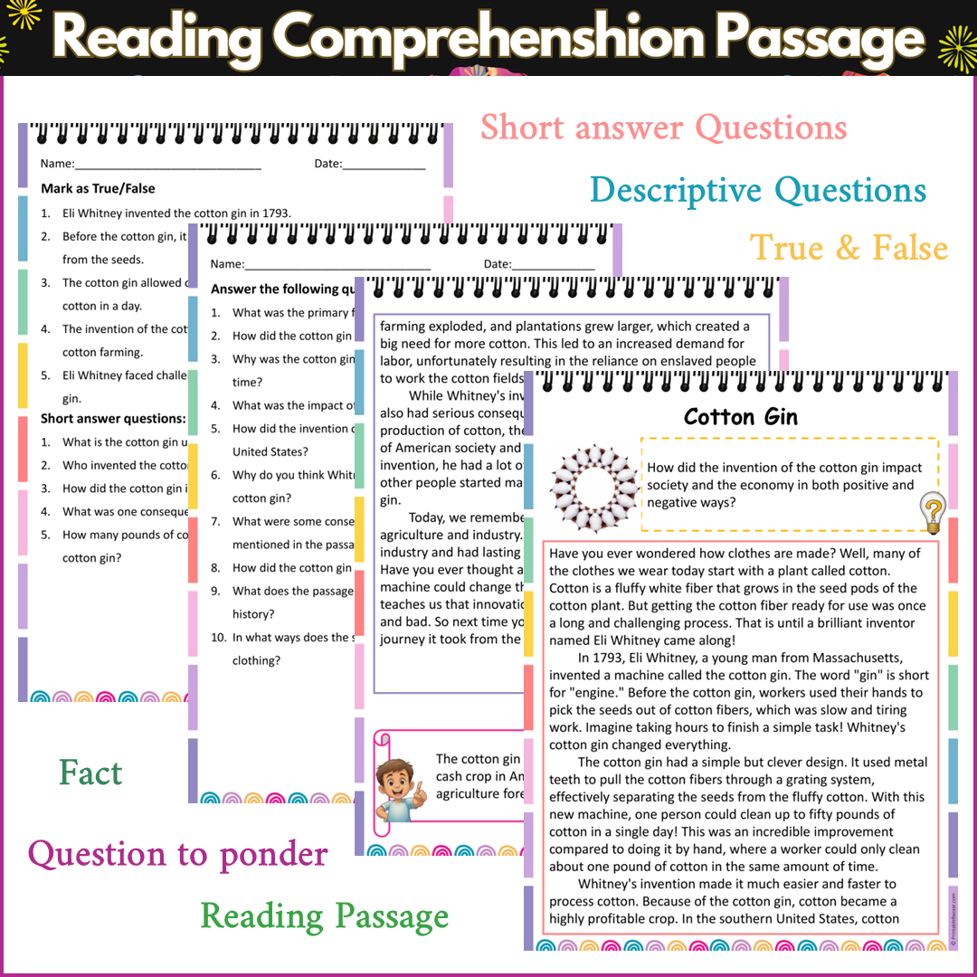 Cotton Gin | Reading Comprehension Passage and Questions – PrintableBazaar