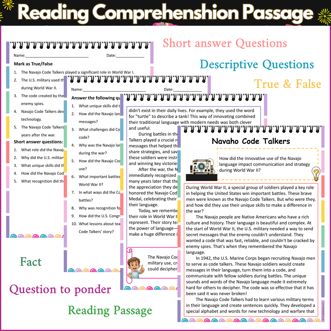 Navaho Code Talkers | Reading Comprehension Passage and Questions ...