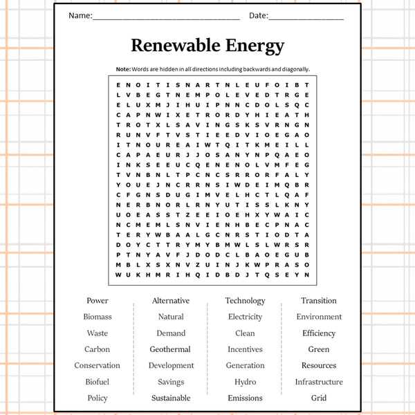 Renewable Energy Word Search Puzzle Worksheet Activity PDF ...