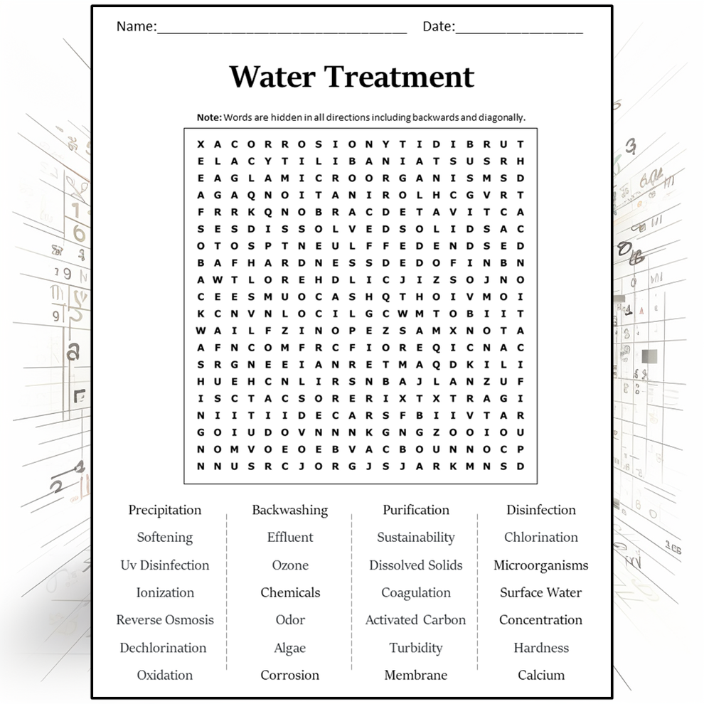 Water Treatment Word Search Puzzle Worksheet Activity PDF – PrintableBazaar