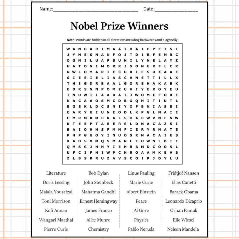Nobel Prize Winners Word Search Puzzle Worksheet Activity PDF ...