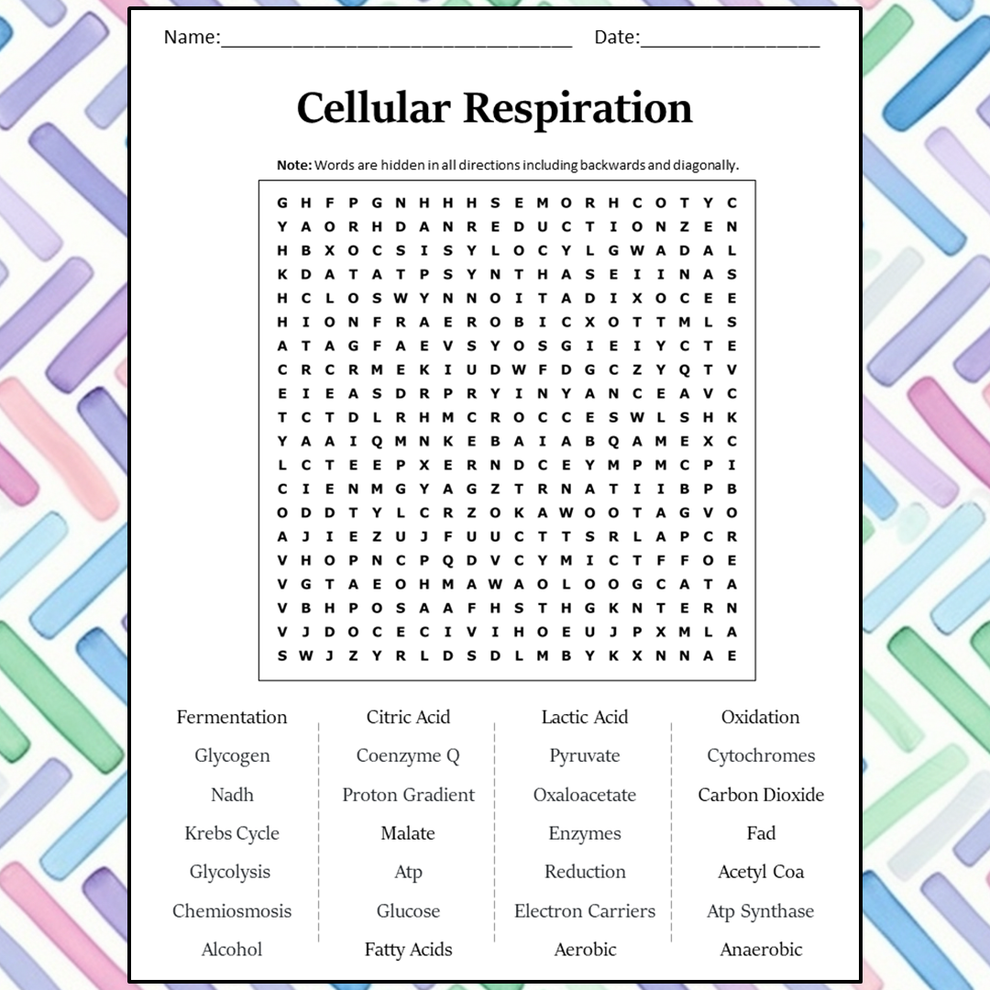 Cellular Respiration Word Search Puzzle Worksheet Activity PDF ...