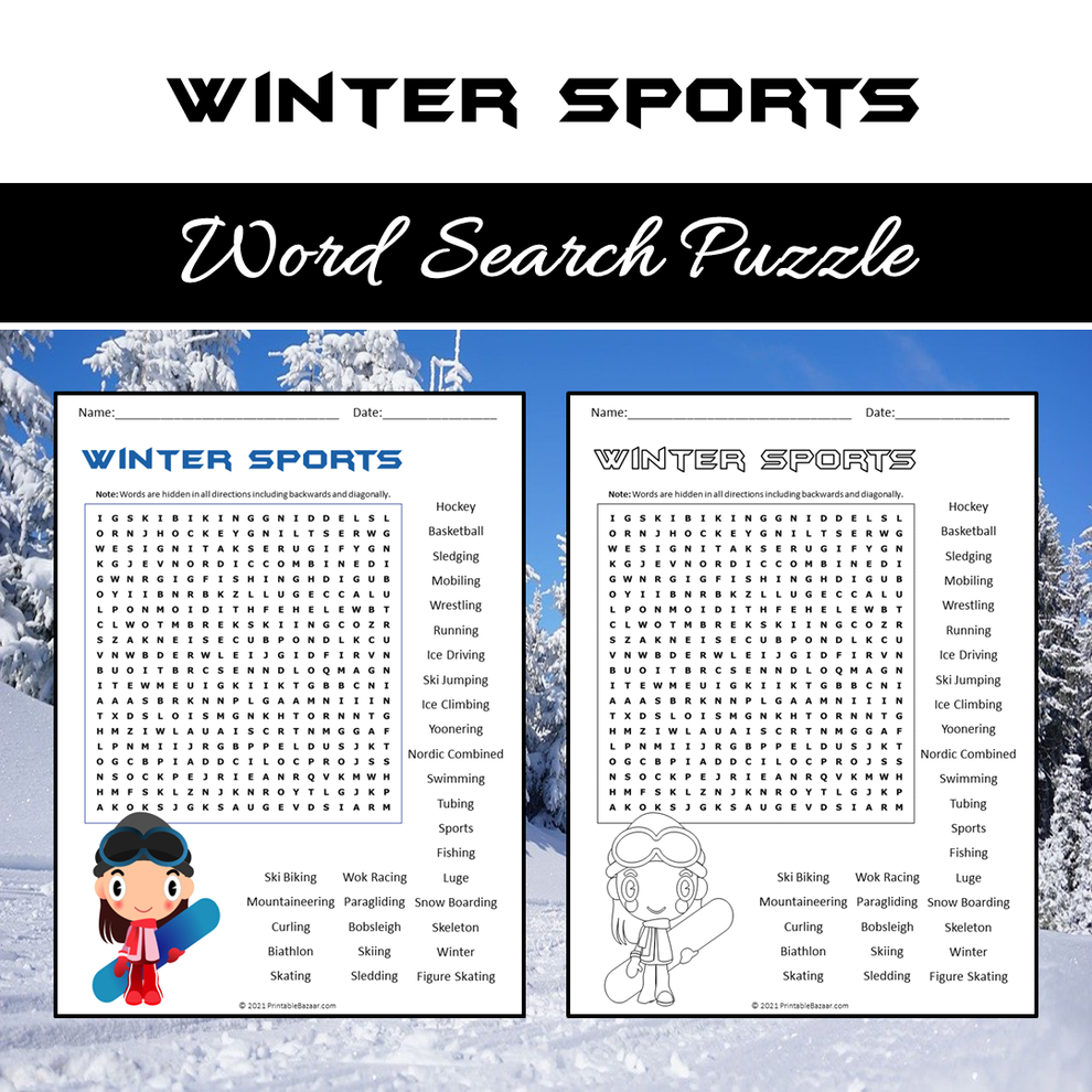 Winter Sports Word Search Puzzle Worksheet PDF – PrintableBazaar