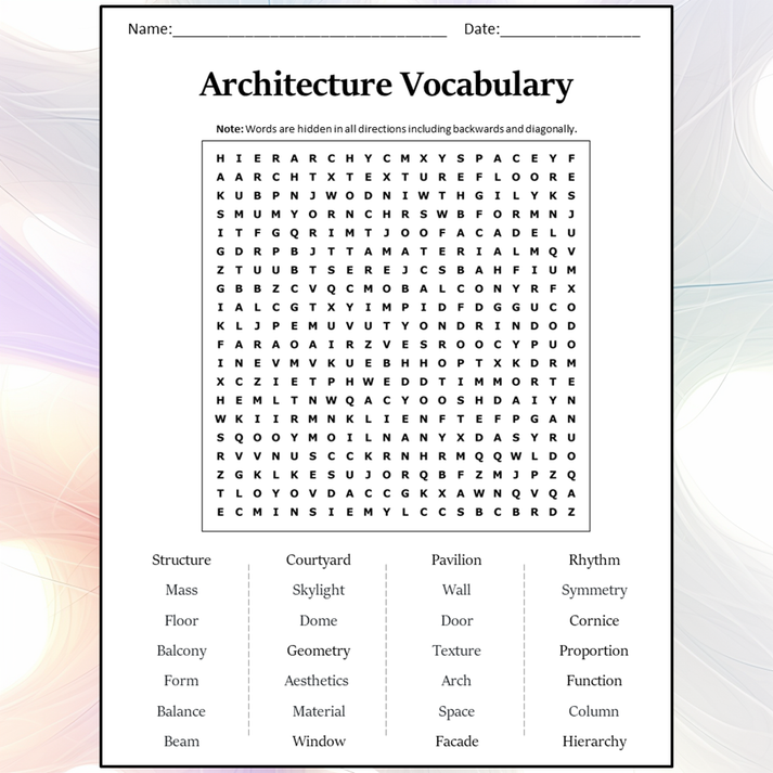 Architecture Vocabulary Word Search Puzzle Worksheet Activity PDF – PrintableBazaar