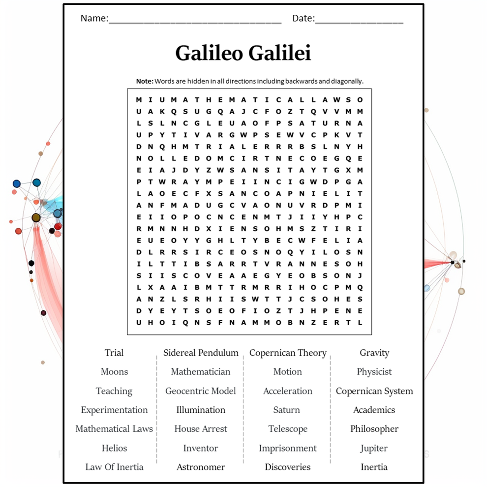 Galileo Galilei Word Search Puzzle Worksheet Activity PDF – PrintableBazaar