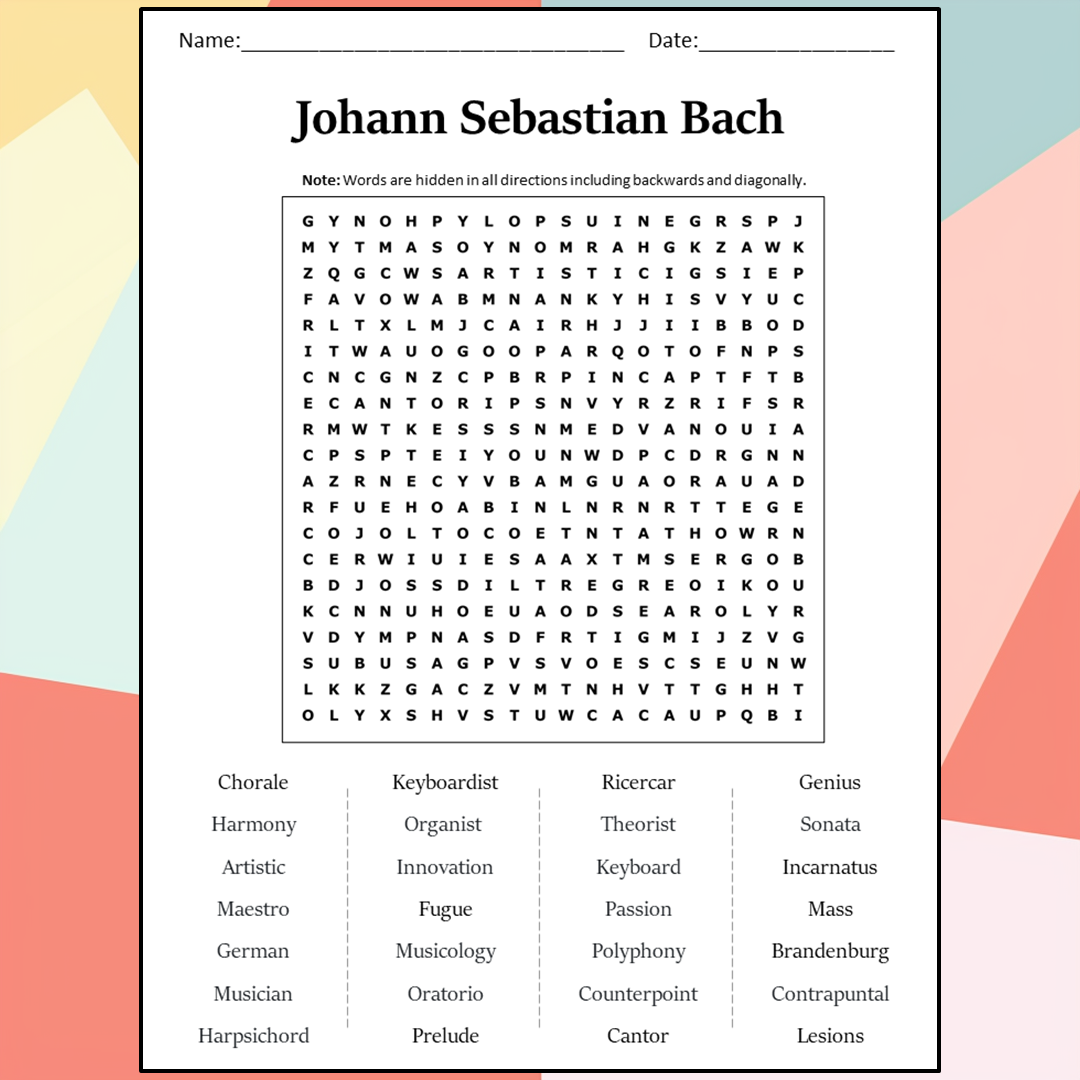 Johann Sebastian Bach Word Search Puzzle Worksheet Activity PDF ...