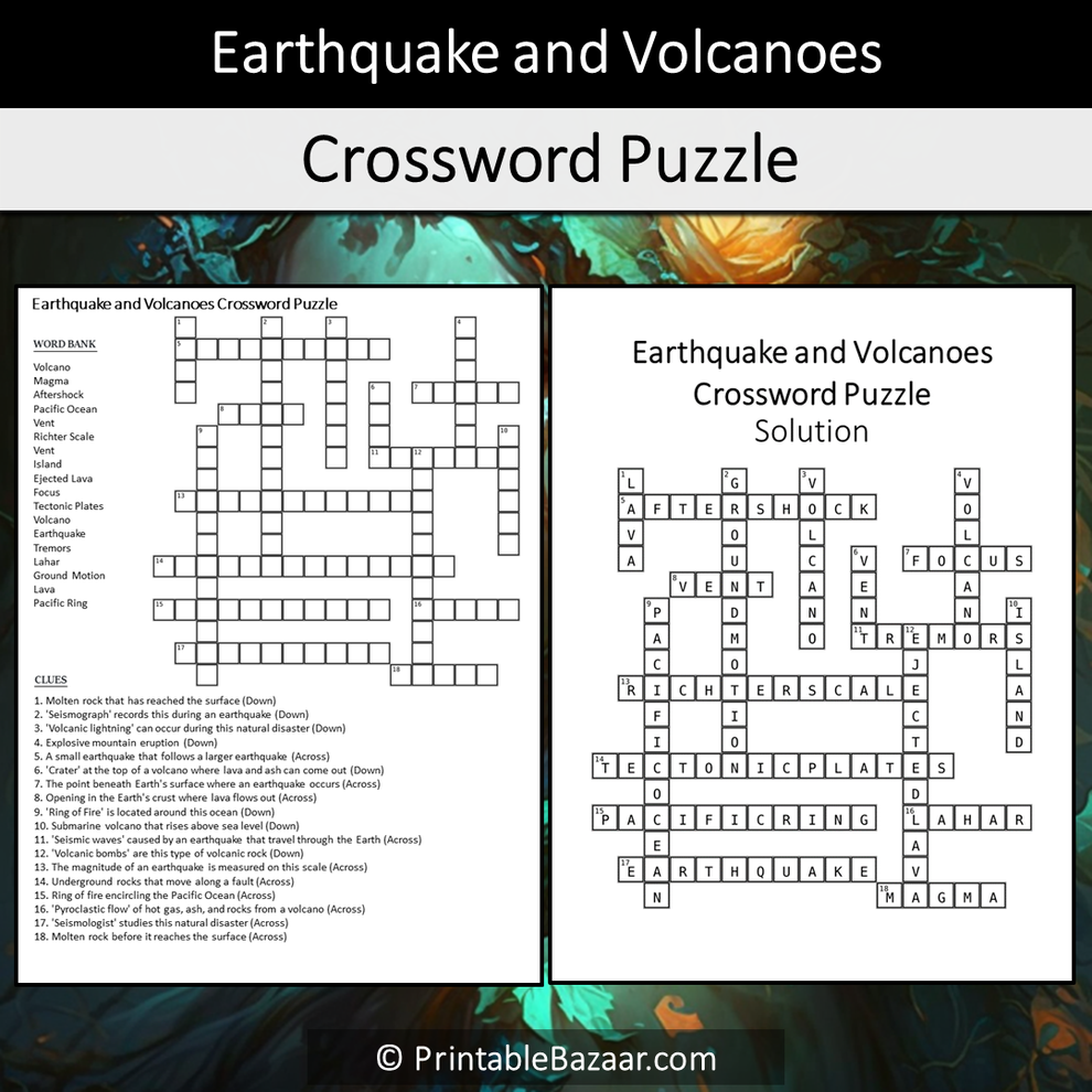 Earthquake And Volcanoes Crossword Puzzle Worksheet Activity Printable ...