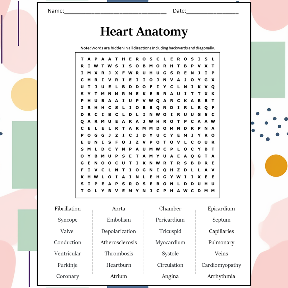 Heart Anatomy Word Search Puzzle Worksheet Activity PDF – PrintableBazaar