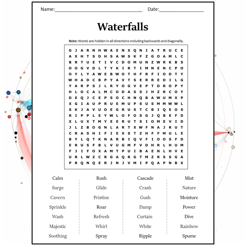 Waterfalls Word Search Puzzle Worksheet Activity PDF – PrintableBazaar