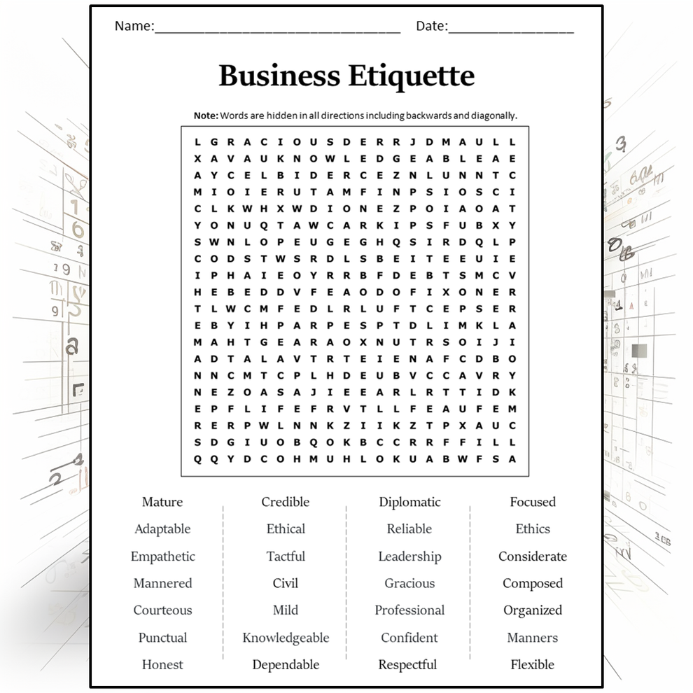 Business Etiquette Word Search Puzzle Worksheet Activity PDF ...