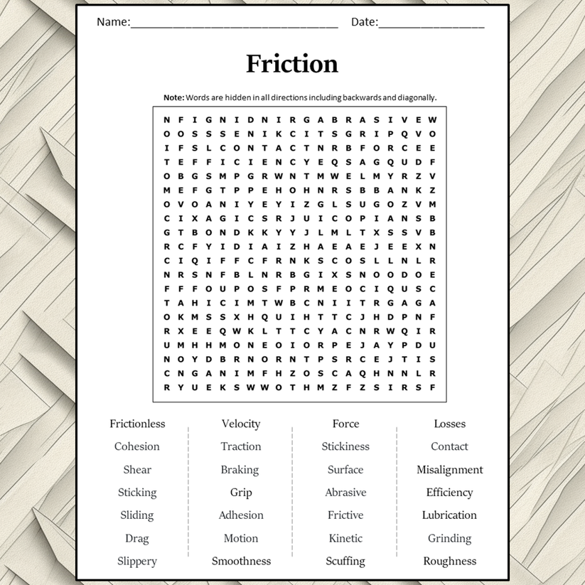 Friction Word Search Puzzle Worksheet Activity PDF – PrintableBazaar