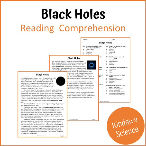 Black Holes Reading Comprehension Passage and Questions | Printable PD ...