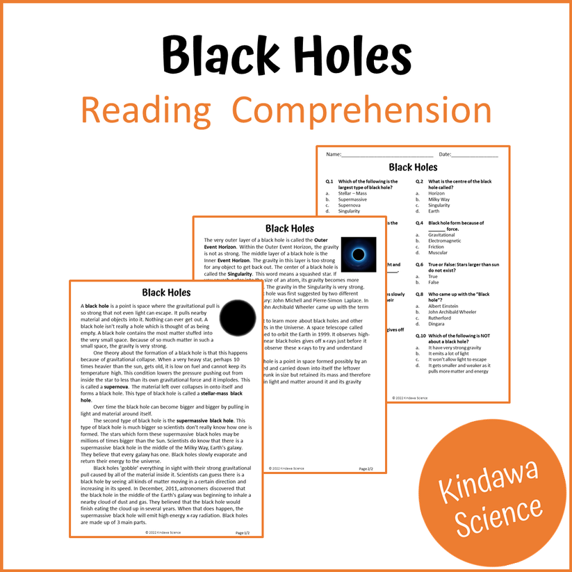 Black Holes Reading Comprehension Passage and Questions | Printable PD ...