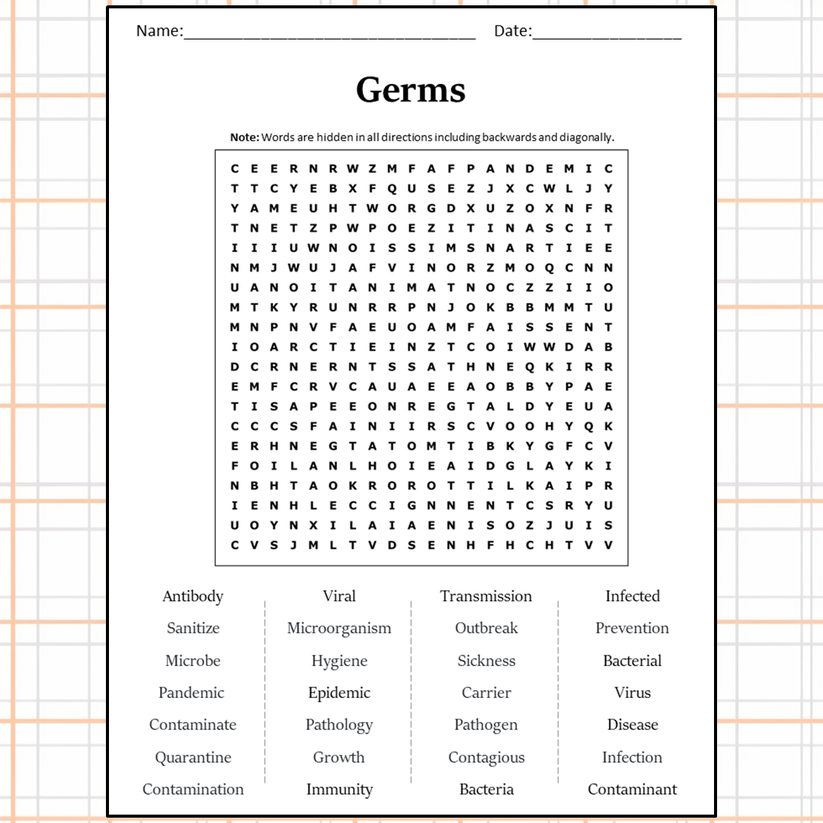 Germs Word Search Puzzle Worksheet Activity PDF – PrintableBazaar