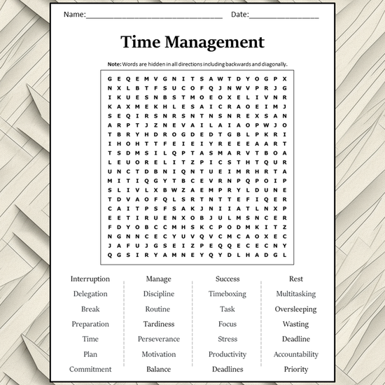 Time Management Word Search Puzzle Worksheet Activity PDF – PrintableBazaar