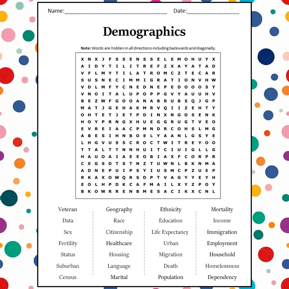 Demographics Word Search Puzzle Worksheet Activity PDF – PrintableBazaar